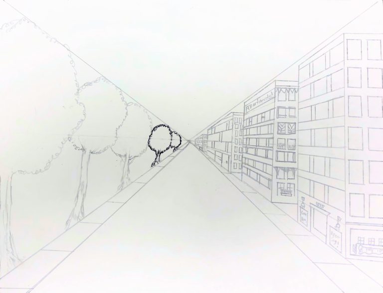 One Point Perspective City Art Lesson for kids - Leah Newton Art